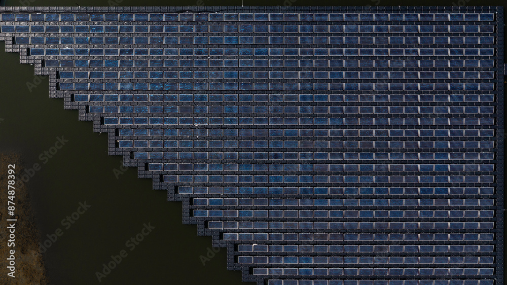 Aerial view solar cell panels farm power plant on water, Solar cell ...