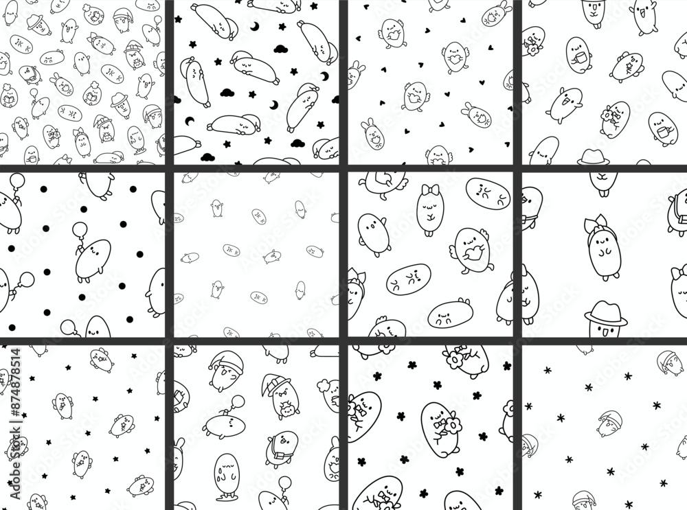 Funny bread characters. Seamless pattern. Coloring Page. Cute tasty ...