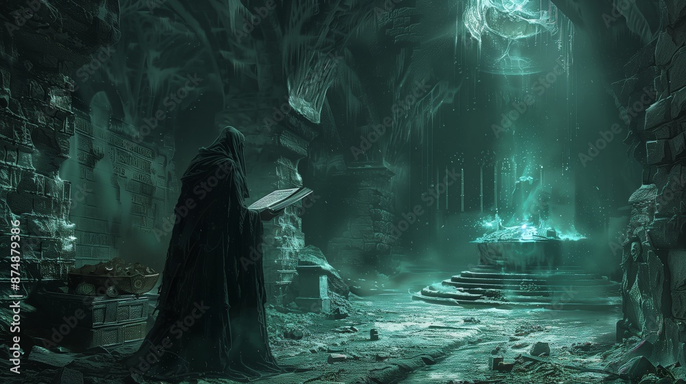 A necromancer's lair hidden deep within a cave. Eerie green light ...