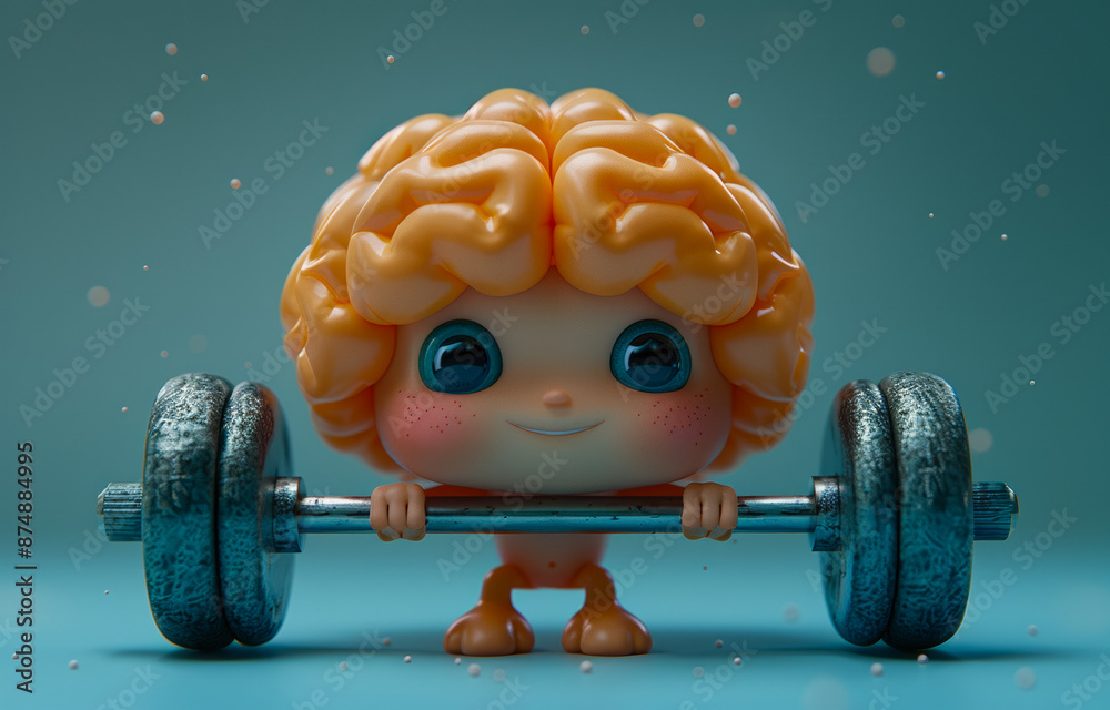 Brain Lifting Weights. A 3D cartoon brain with a smiling face is ...