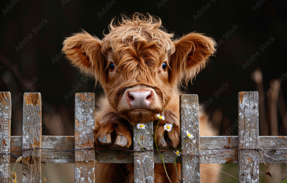 Highland Cow Calf Peeking Over Fence. A Highland cow calf looks over a ...