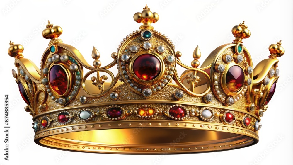 Majestic, ornate, gold king's crown sits elegantly, centered, on ...