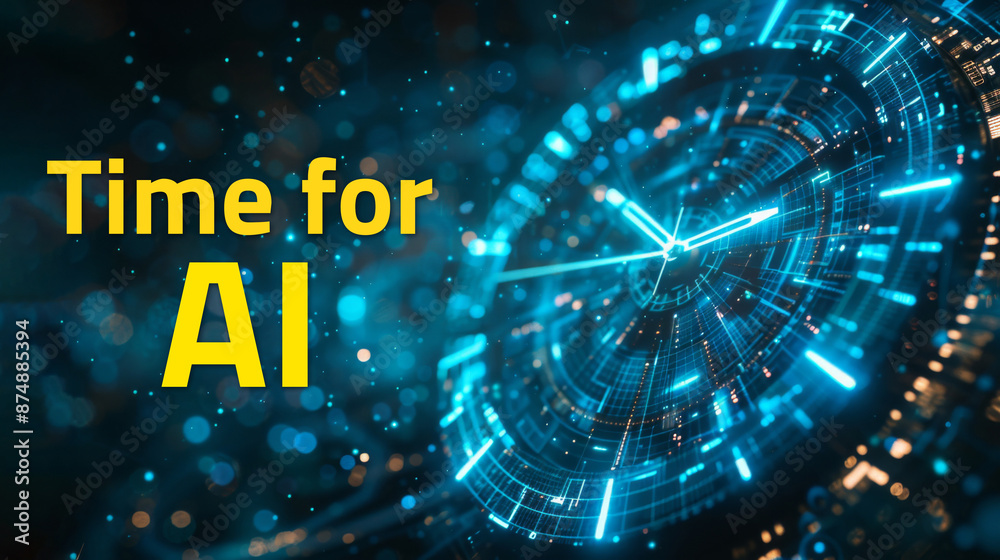 Time for AI text next to a futuristic neon clock on a dark background ...