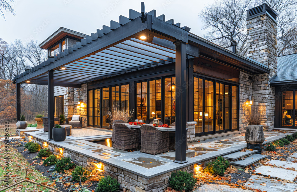 Modern Stone Home Patio With Pergola and Lights. A modern stone home ...