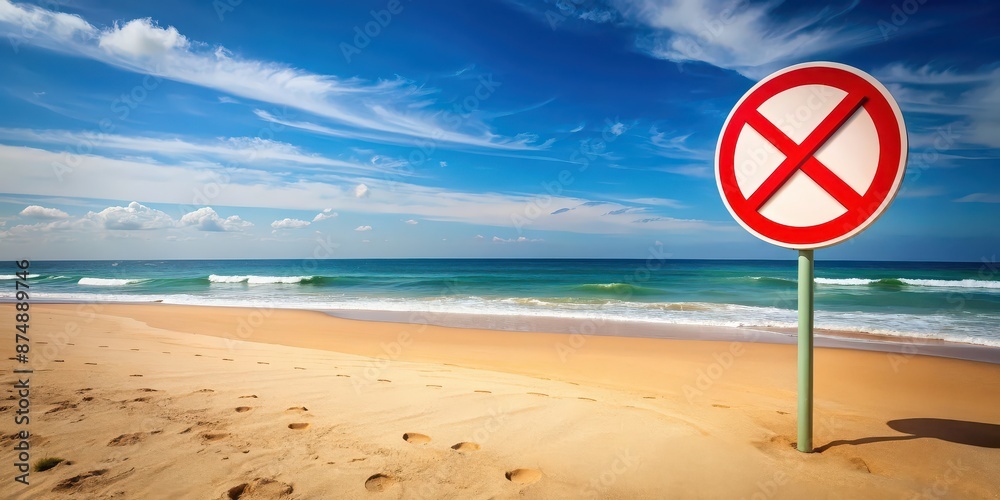 Prohibition warning sign on tropical sandy seashore by the sea ...