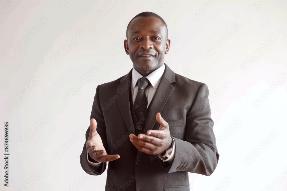 Hotel manager presenting new policies to staff, wearing a suit and tie ...