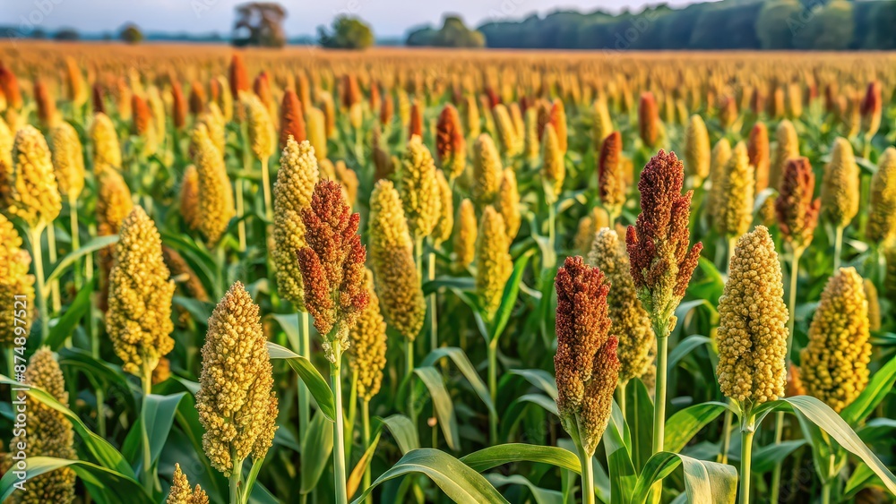 Millet and sorghum plants growing in a lush field, millet, sorghum ...