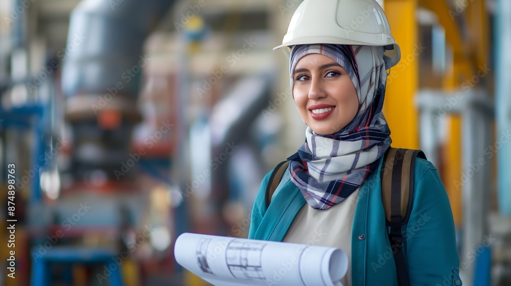 Foto de Smiling Female Engineer in Hijab Wearing Hard Hat Holding ...