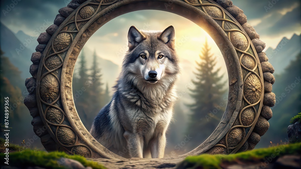 Majestic wolf standing proudly in an ancient Celtic circle, wolf, power ...