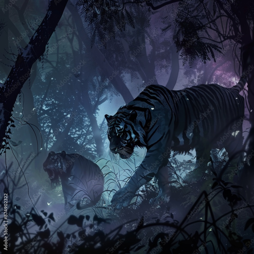 Dark, misty forest with eerie atmosphere, running tiger, Halloween ...