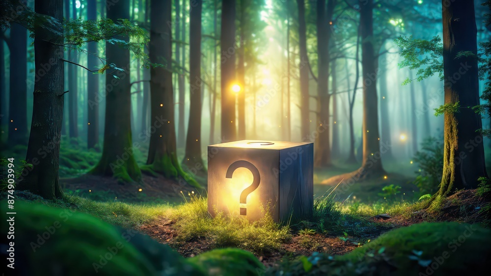 Mysterious glowing box with question mark in magical forest setting ...