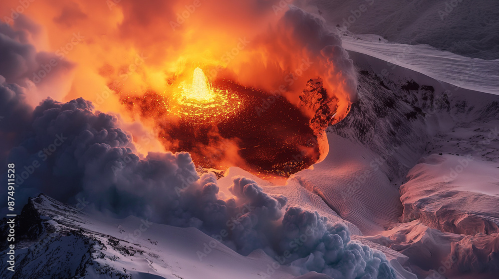 Fiery lava erupts amidst icy terrain. Eruption of Mount Erebus: Antarctica’s Mount Erebus. Stock ...