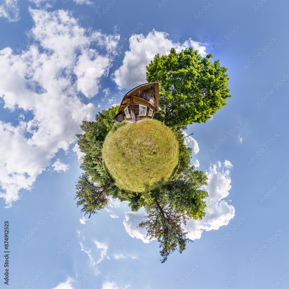 simple tiny planet with wooden home or homestead building in blue sky ...