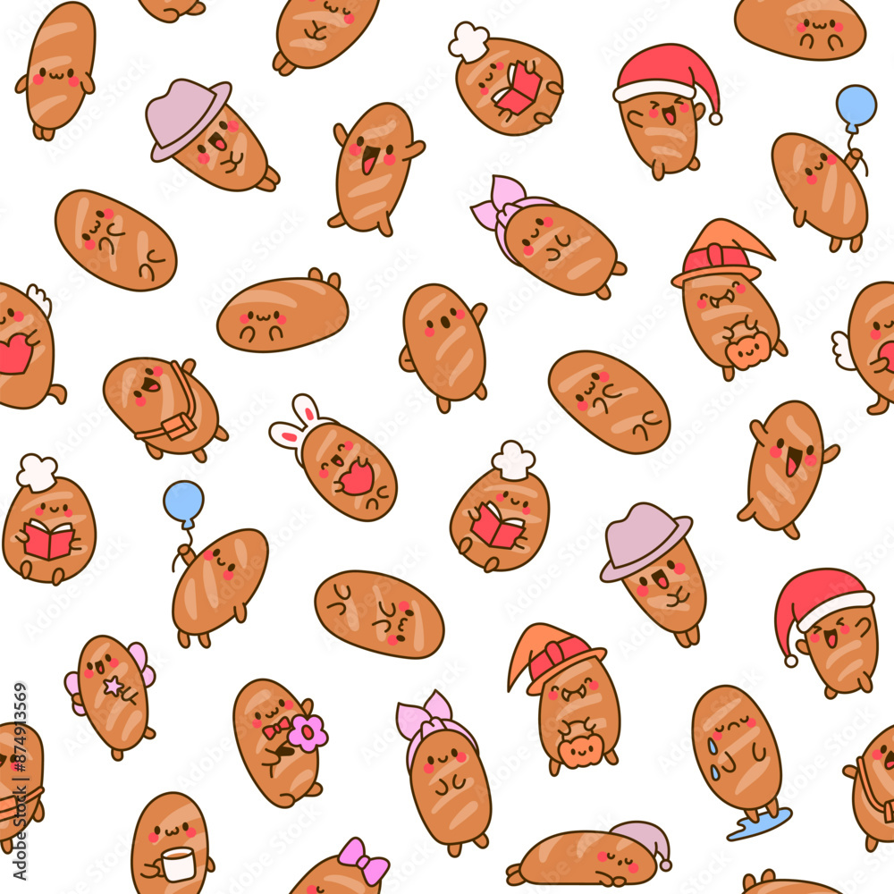 Funny bread characters. Seamless pattern. Cute tasty bakery pastries ...