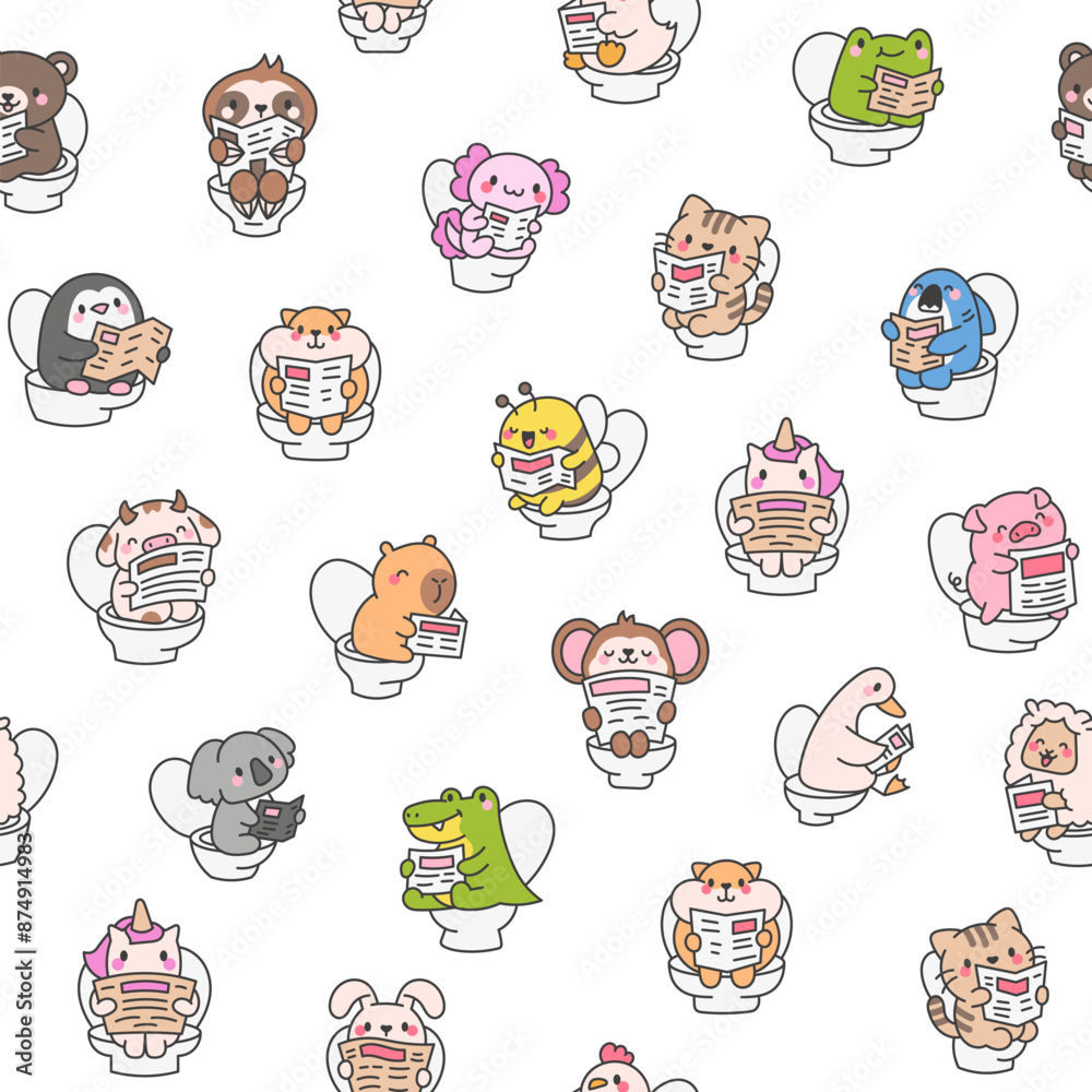 Cute animal pooping on toilet and read newspaper. Seamless pattern ...