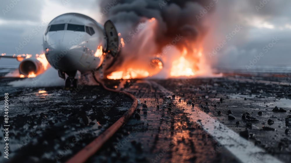 A devastating plane crash on the runway, engulfed in intense fire and ...