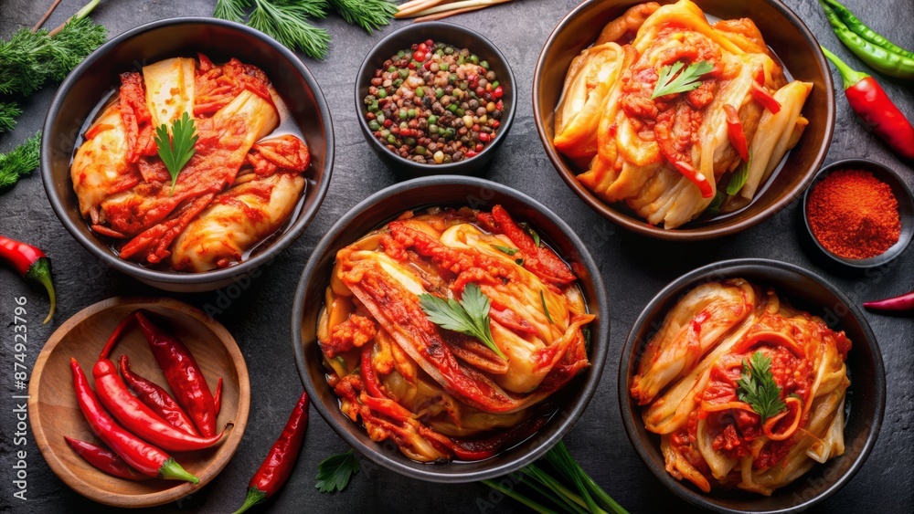 Vibrant, spicy kimchi arranged artfully on a black background ...
