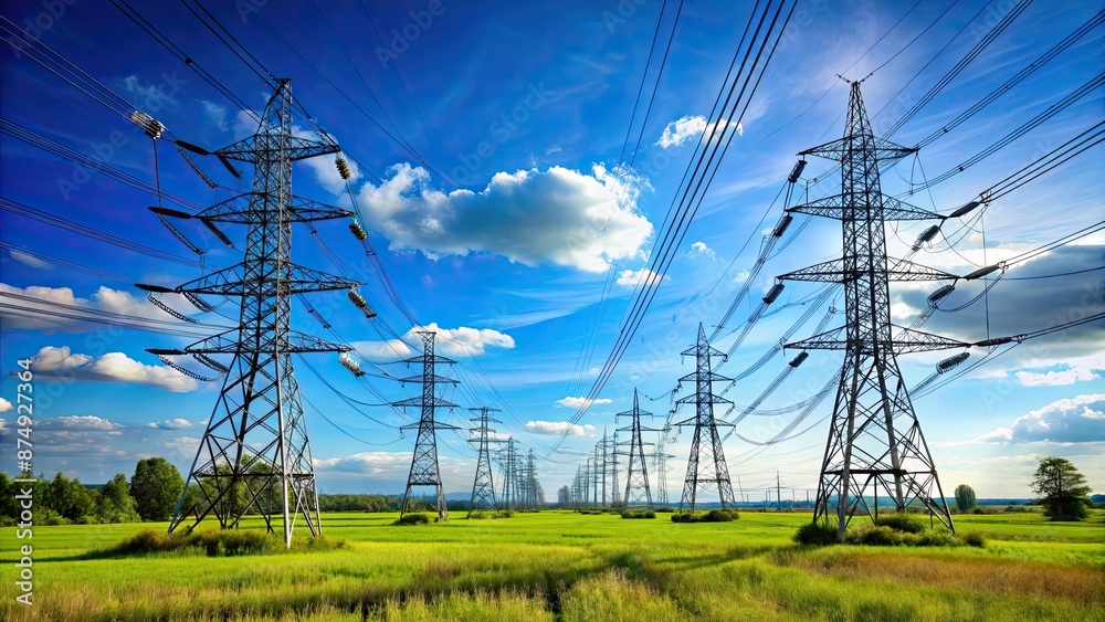 High voltage power lines stretching across a clear blue sky ...