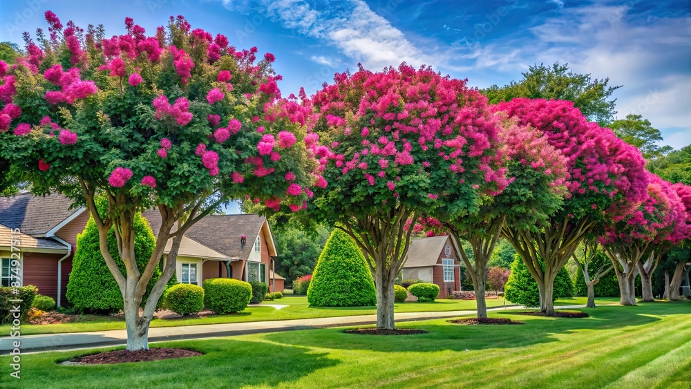 Lush blooming crape myrtle trees on green lawn in a neat neighborhood , crape myrtle, trees ...