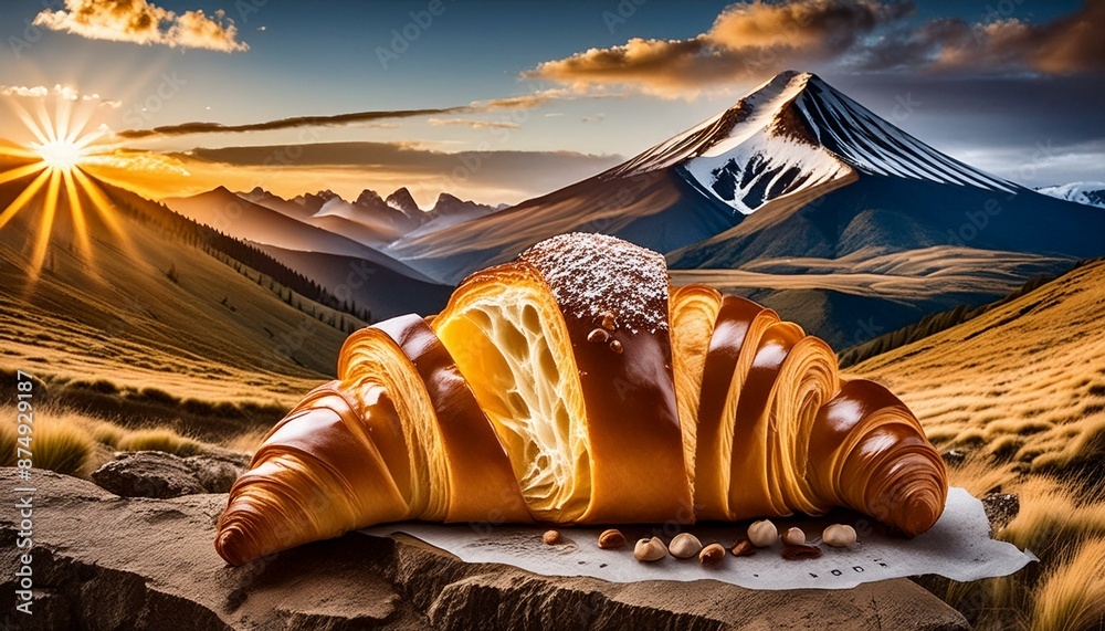 shell on the beach, croissant on blue background, sunset over the ...
