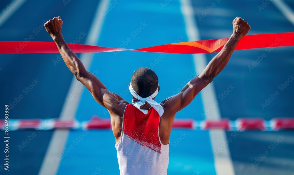 African American male athlete wearing red and white crossing the finish ...