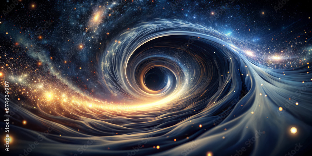 Darkness fades to infinity as swirling vortex of black digital wisps ...