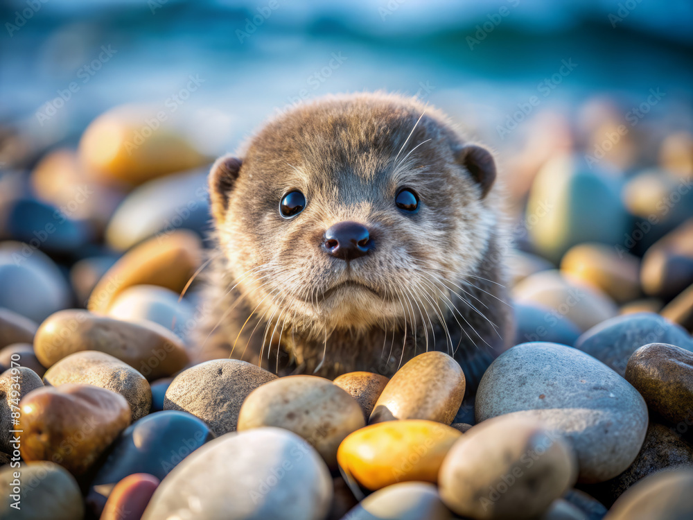 Cute baby otter with fluffy fur and big round eyes peeking out from ...