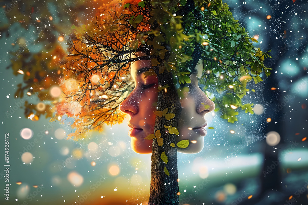 generative ai illustration of the four temporal seasons in one face one ...