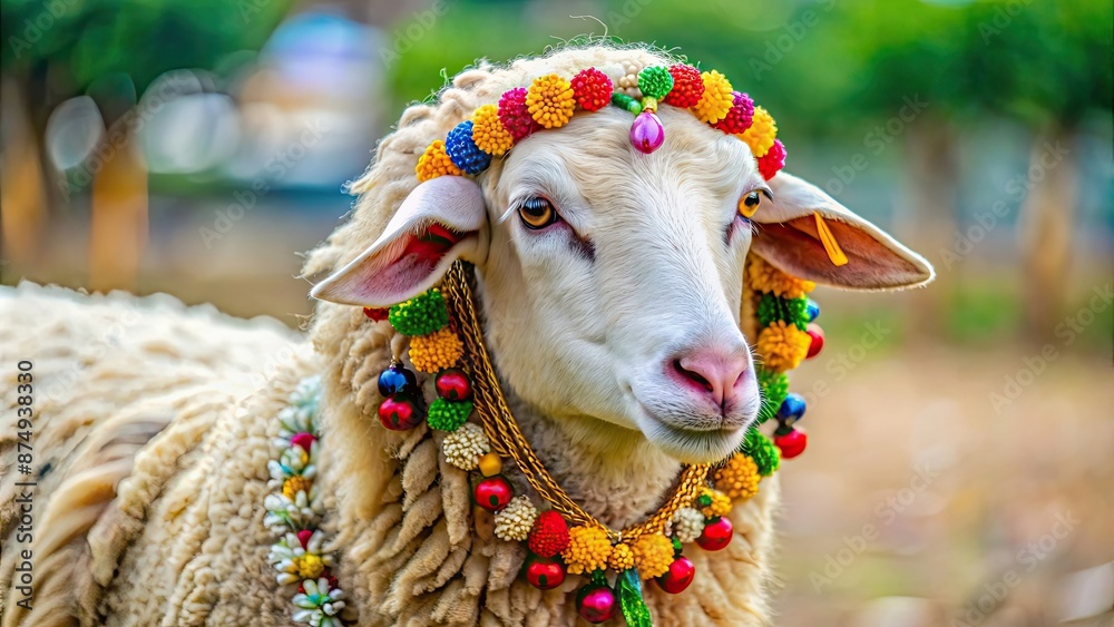 Sheep with festive decorations wishing Eid ul Adha Happy Bakra Id holy ...