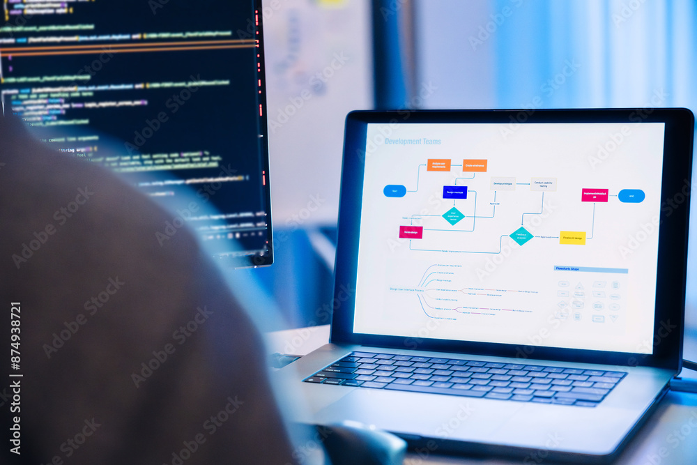software developer reviews UX/UI design diagrams while coding at a workstation Stock Photo ...