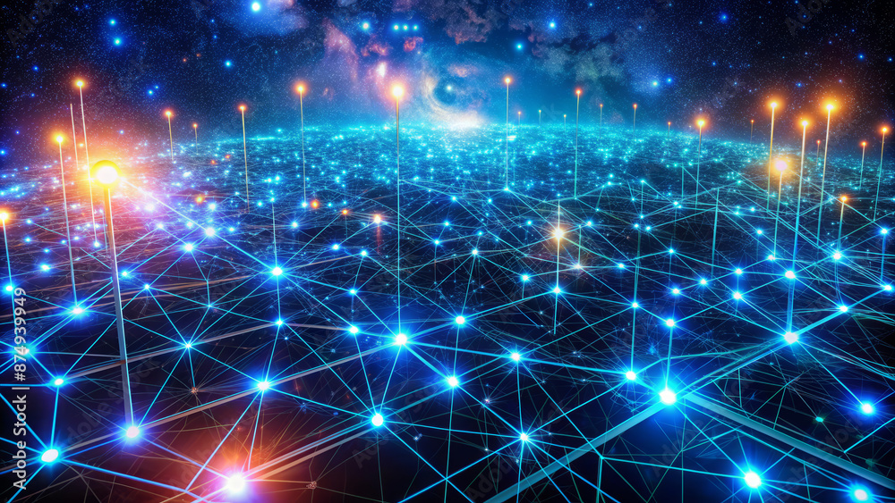 Vibrant 3D rendering of futuristic network background with glowing blue ...