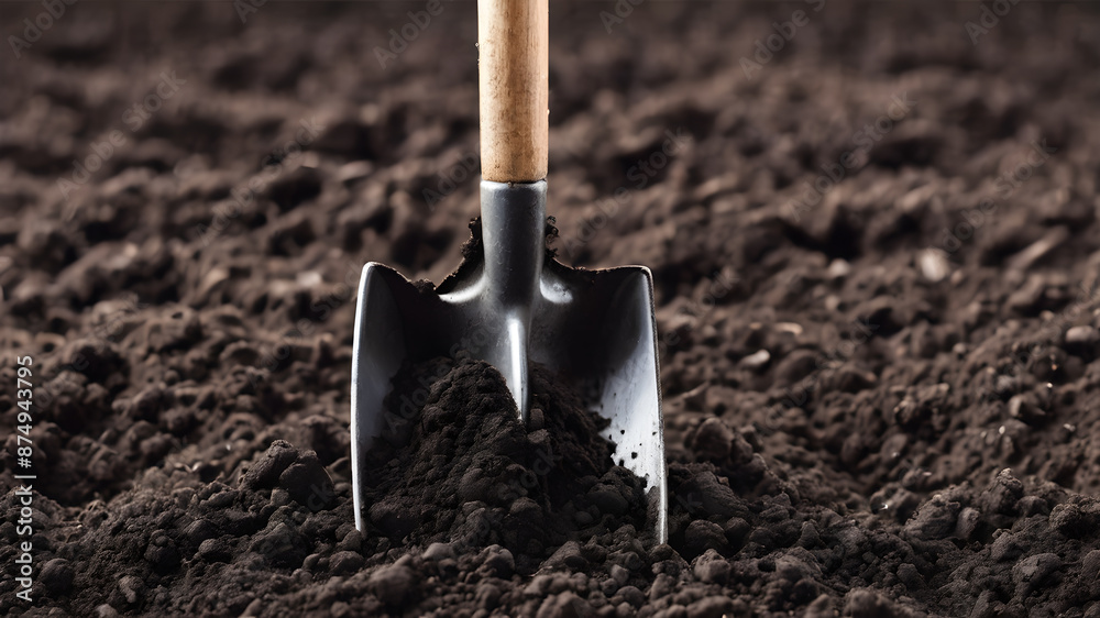 Ready for gardening. spade shovel being used to dig a hole in soil ...