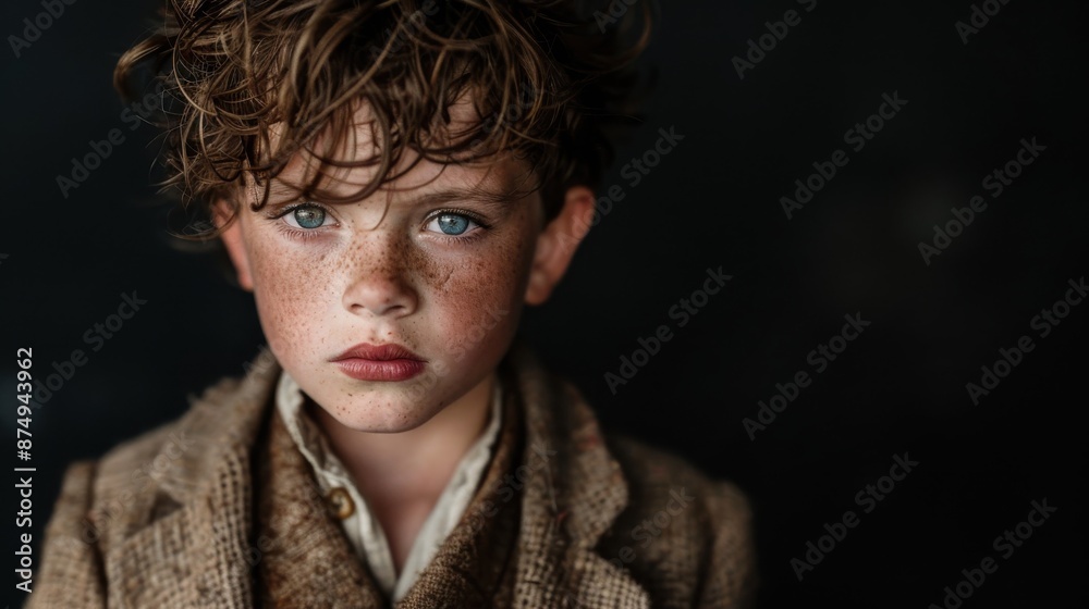 Portrait of a freckled boy with messy brown hair, wearing a brown coat ...