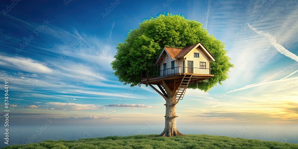 House built on top of a tall tree , treehouse, nature, wooden, elevated ...