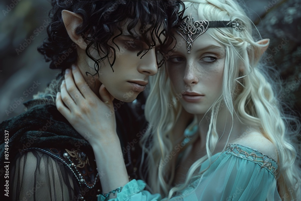 male and female elf, romantic pose, fantasy , couple in love, the man ...