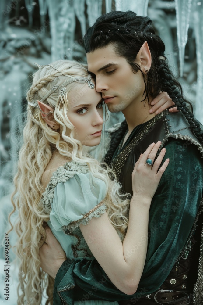 male and female elf, romantic pose, fantasy , couple in love, the man ...