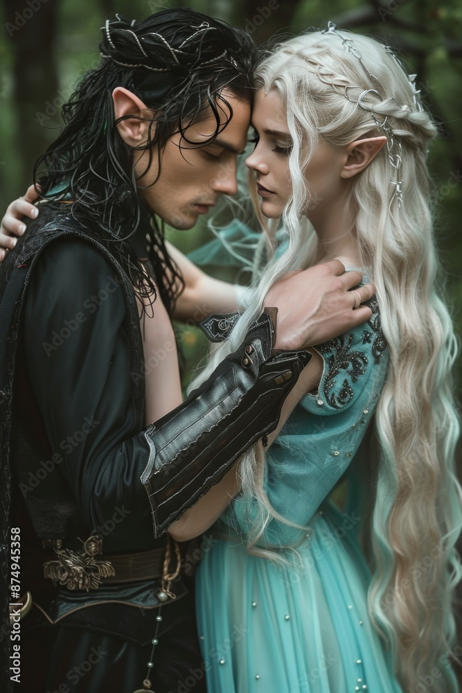 male and female elf, romantic pose, fantasy , couple in love, the man ...