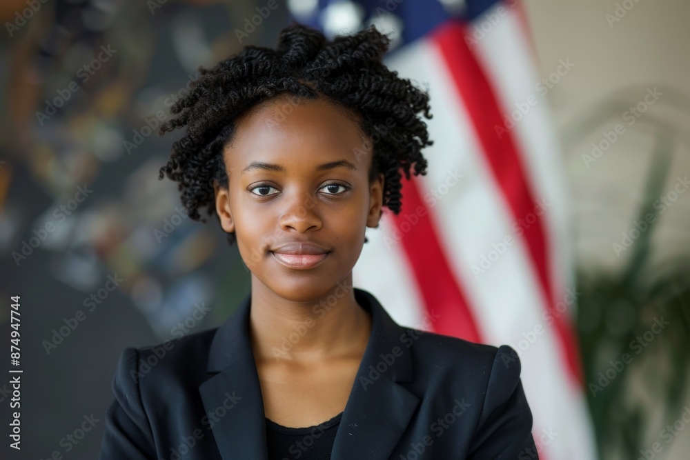 A confident African woman in professional attire stands in an office ...