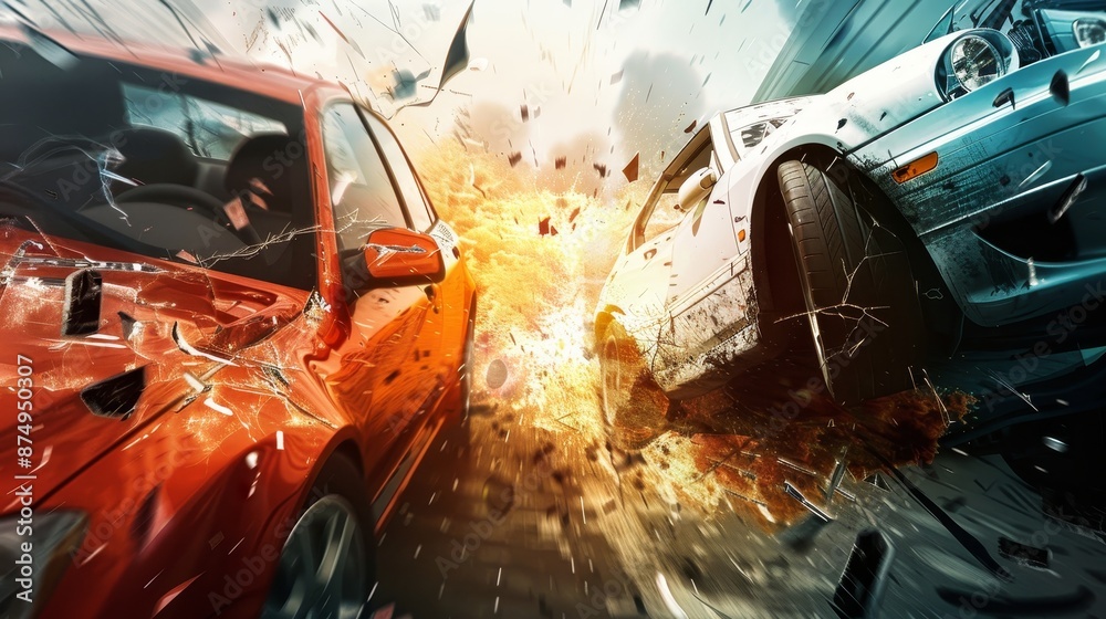 Realistic illustration of two cars colliding in a conceptual depiction ...