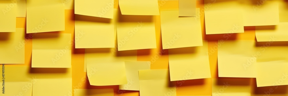 Yellow sticky notes of various sizes and orientations on a bright ...