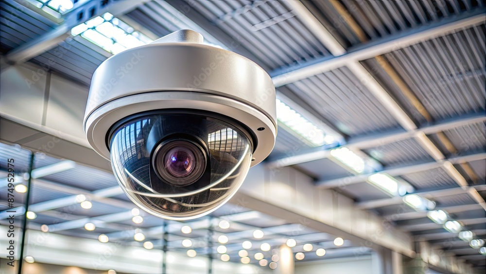 Security camera hanging from ceiling, surveillance, technology, monitor ...