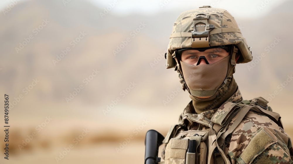 Military soldier in desert camouflage uniform and helmet, with rifle ...