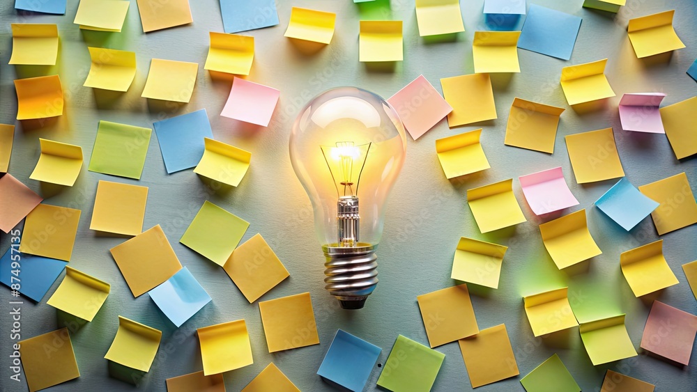 Light bulb surrounded by scattered brainstorming notes and sticky notes ...