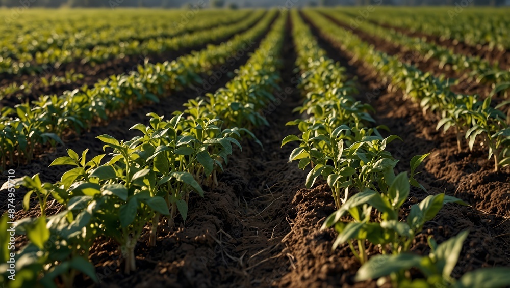 Rows of soy seedlings field Young Soy Plants. Stock Photo | Adobe Stock