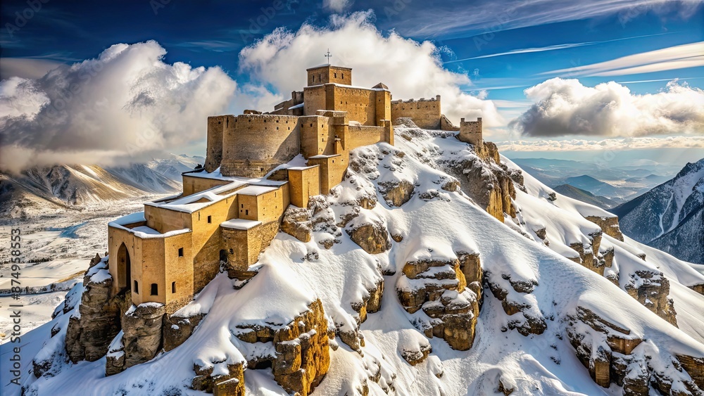 Rugged mountain terrain with heavy snow accumulation surrounding a ...