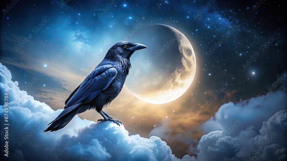 Majestic black crow perched on a crescent moon in the night sky, crow ...