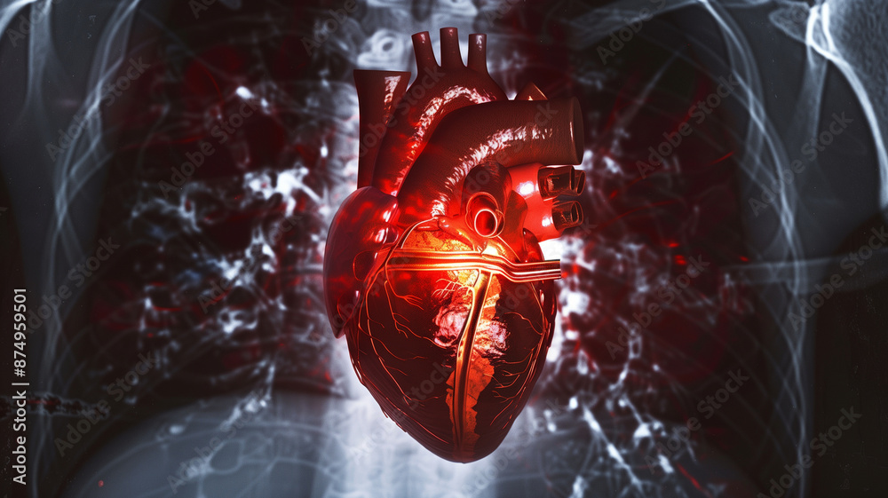 Heart highlighted in red, X-ray image of the heart.赤で強調された心臓、心臓のX線画像 ...