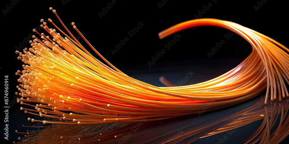 Orange fiber optic cable curled on black background, fiber optic, cable ...