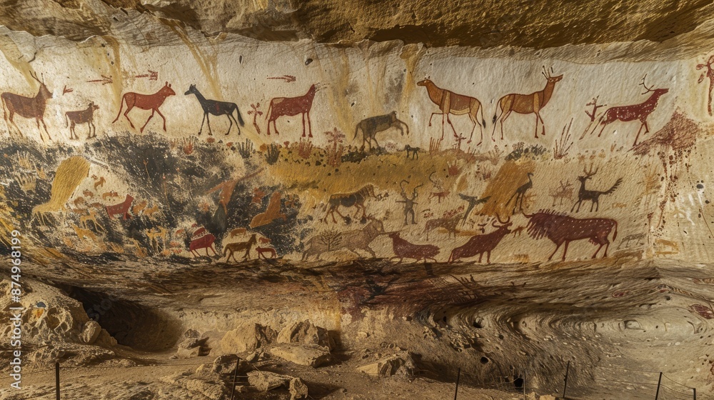 Cave paintings adorning the walls, depicting scenes of hunting, rituals ...