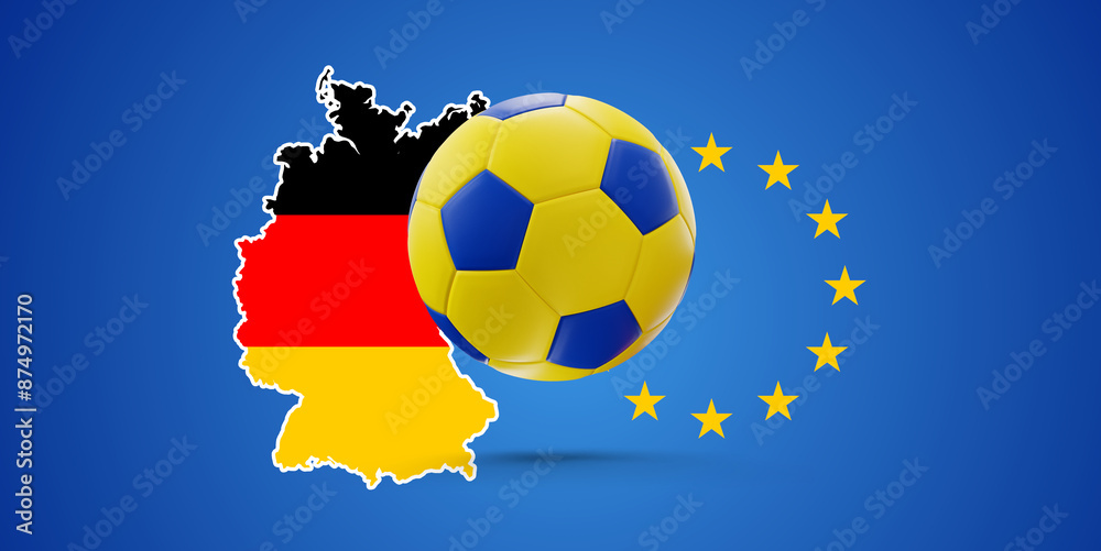 simplified outline map of Germany and a yellow and blue soccer ball in ...